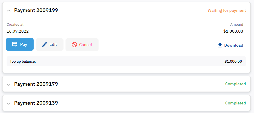 List of payments — ActivePlatform. Customer Control Panel