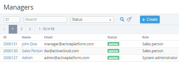 Viewing the List of Managers — ActivePlatform. Operator Control Panel