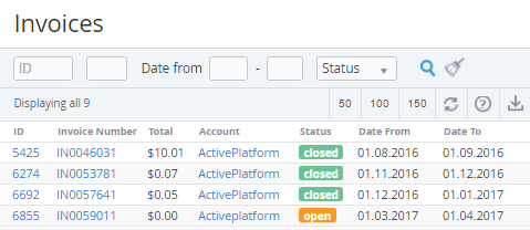 Viewing the List of Invoices — ActivePlatform. Operator Control Panel