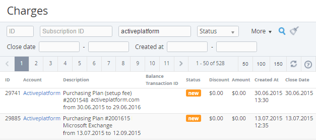 Viewing the List of Charges — ActivePlatform. Operator Control Panel