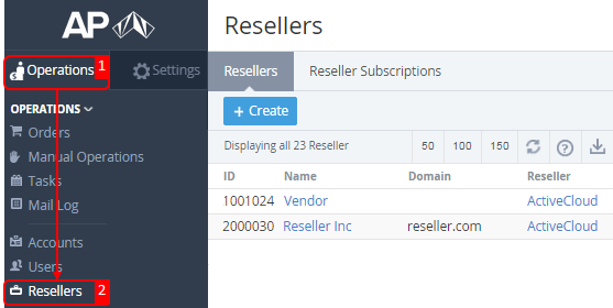 Viewing the List of Resellers — ActivePlatform. Operator Control Panel
