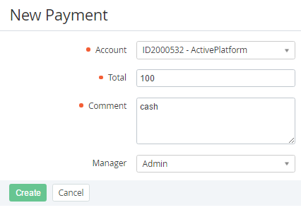Creating a Payment manually — ActivePlatform. Operator Control Panel
