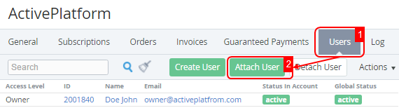 Attaching a User — ActivePlatform. Operator Control Panel