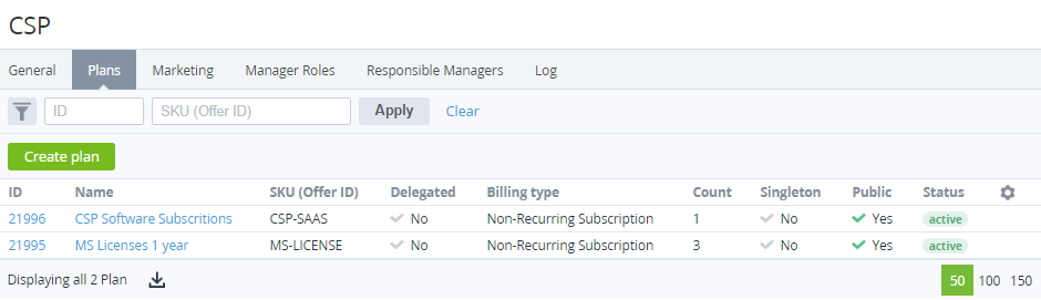 Viewing the list of Product Plans — ActivePlatform. Operator Control Panel