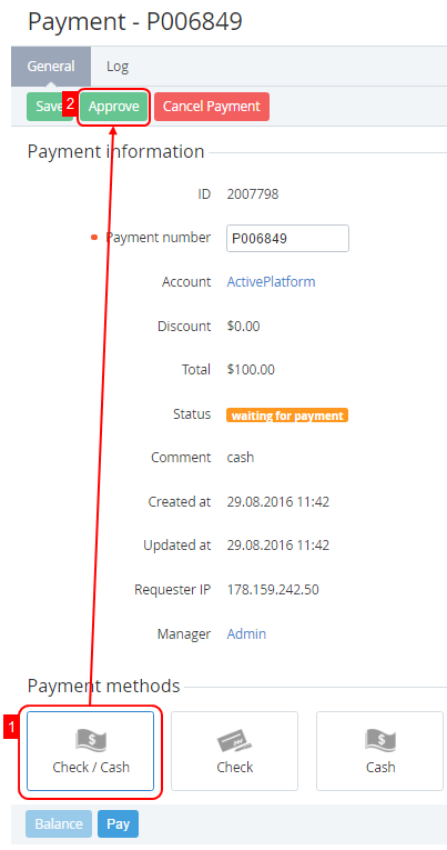 Approving a payment — ActivePlatform. Operator Control Panel